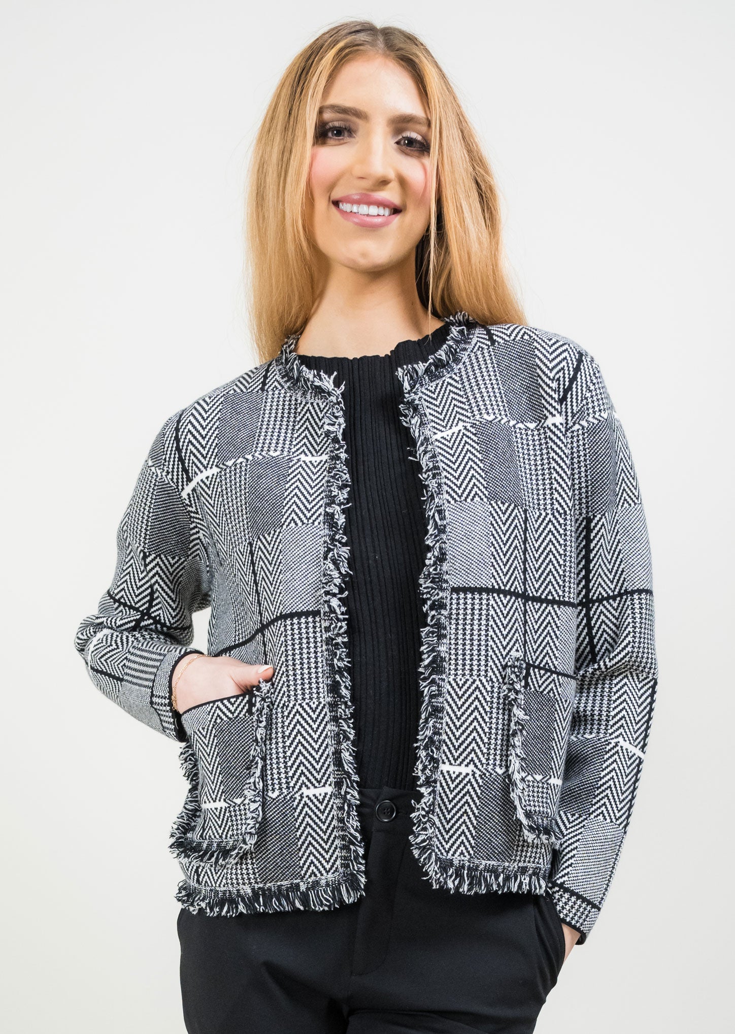 Audrey Frayed Collarless Suit Jacket Style 1406-1371 – Dream Pants